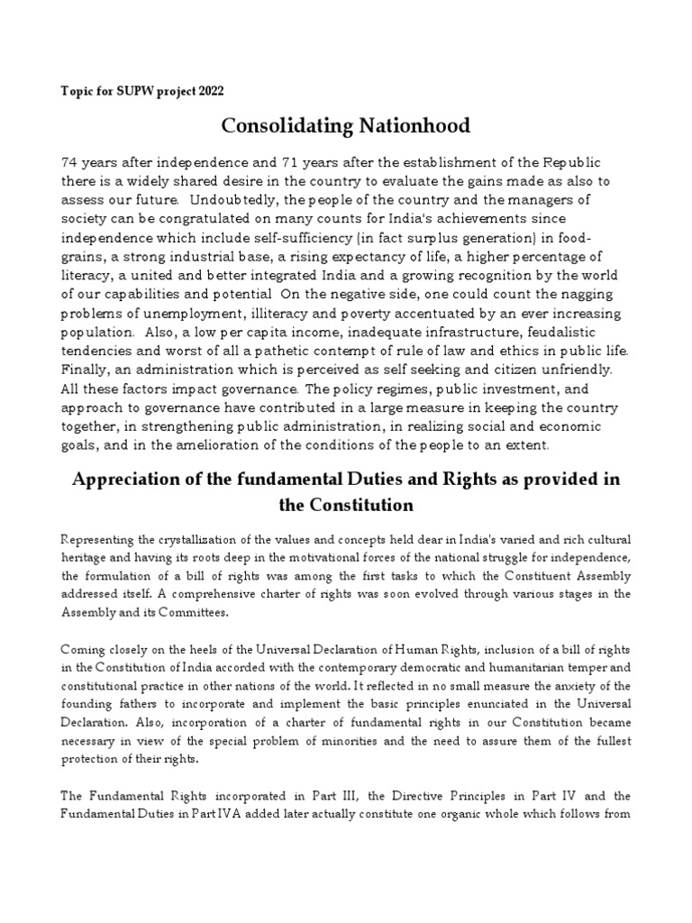 Supw Project 2022 Consolidating Nationhood Download Free Pdf