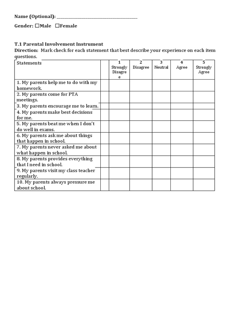 Final Instrument - Parental Involvement and Level of Motivation | PDF