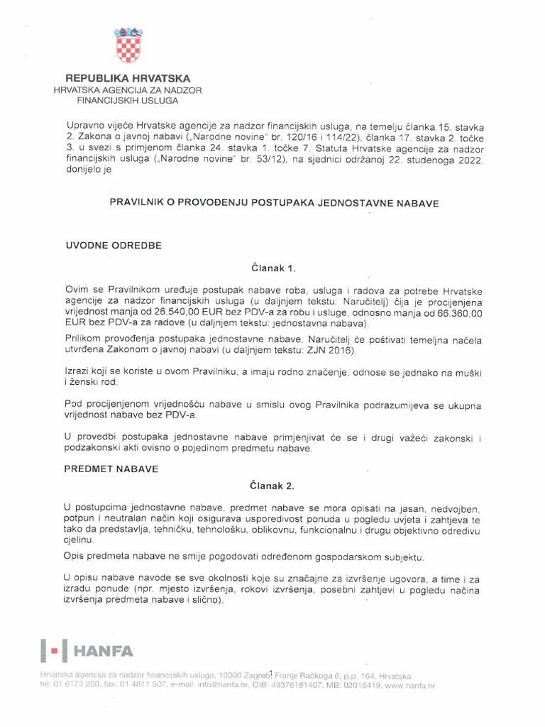 Pravilnik o Provođenju Postupaka Jednostavne Nabave 2023 | PDF