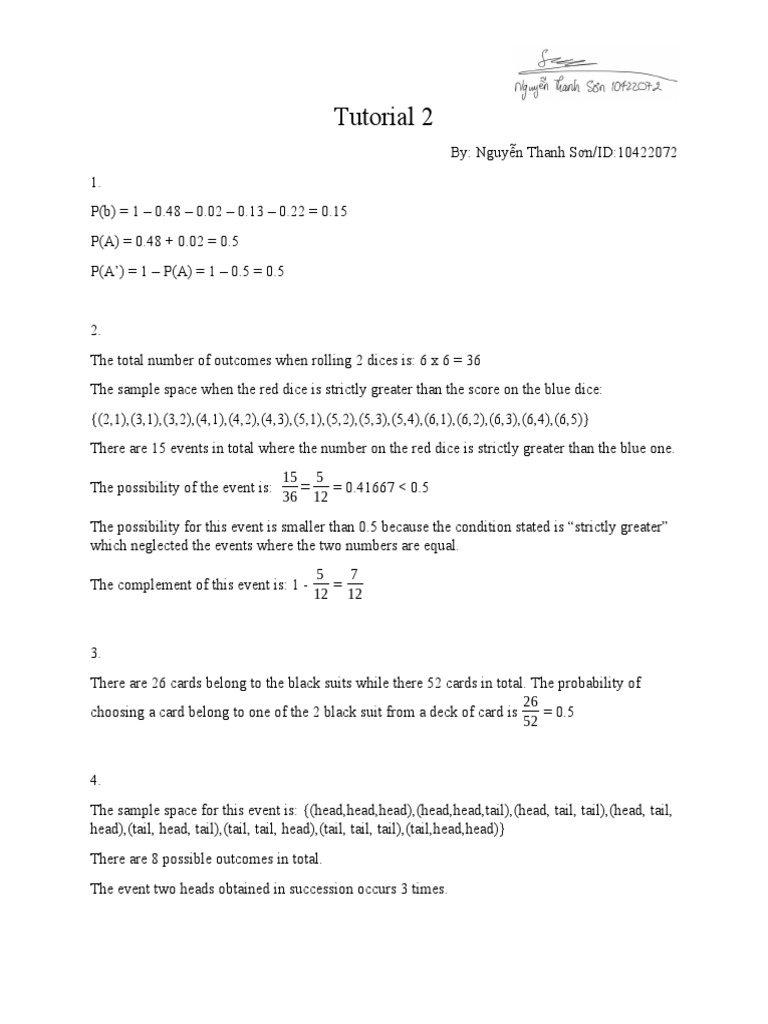 Tutorial 2 NGUYEN Thanh Son | PDF | Probability | Probability And Statistics