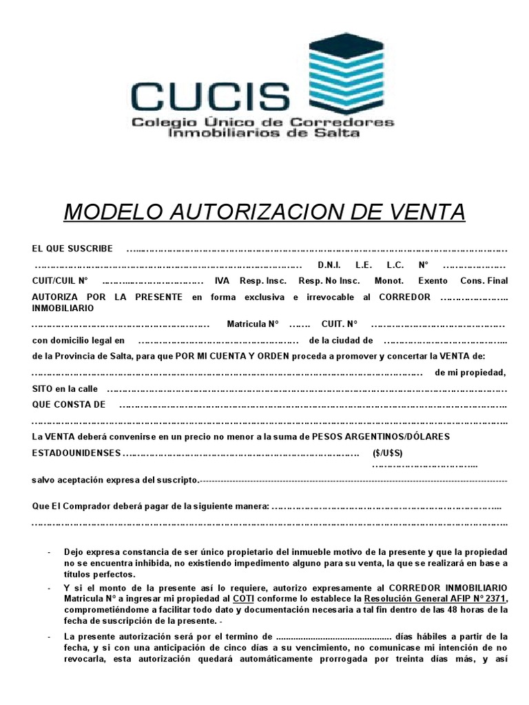 137 Modelo de Autorizacion de Venta | PDF 137 Modelo de Autorizacion de Venta | PDF
