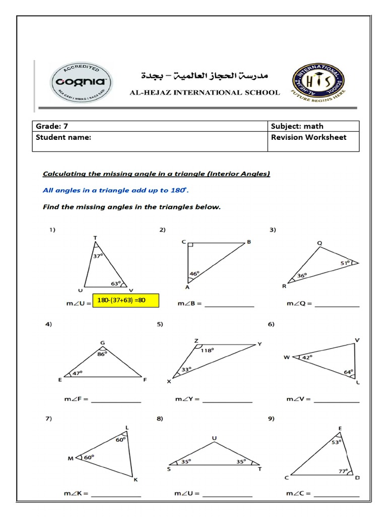 Grade 7 - Revision Find The Missing Angle Worksheet | PDF