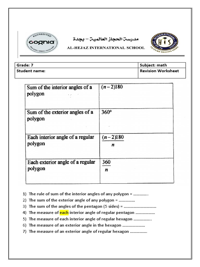 Polygon Angles Worksheet for Grade 7 | PDF