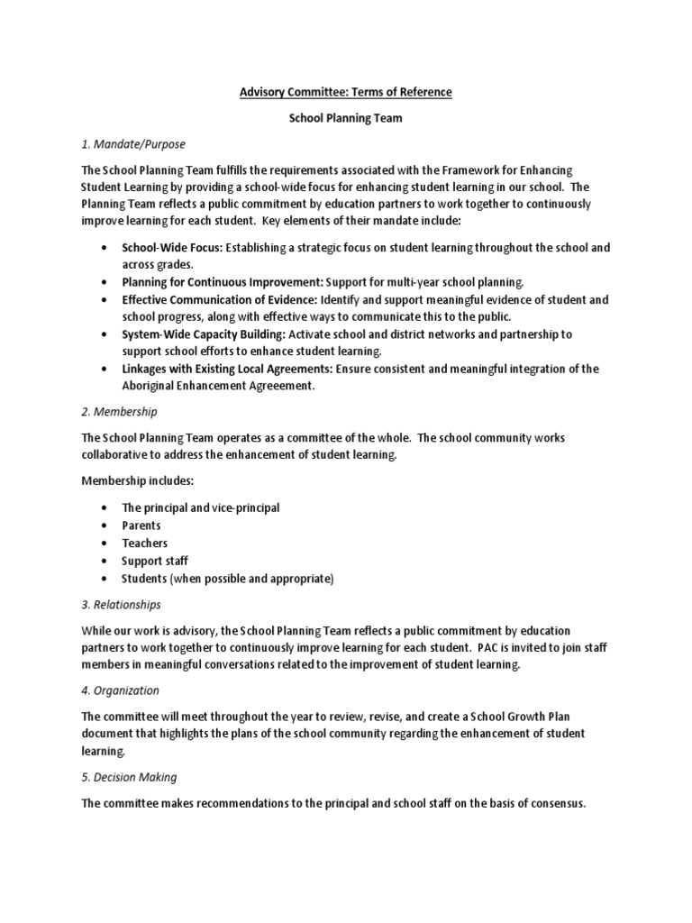 School Planning Team Terms of Reference - 0 | PDF