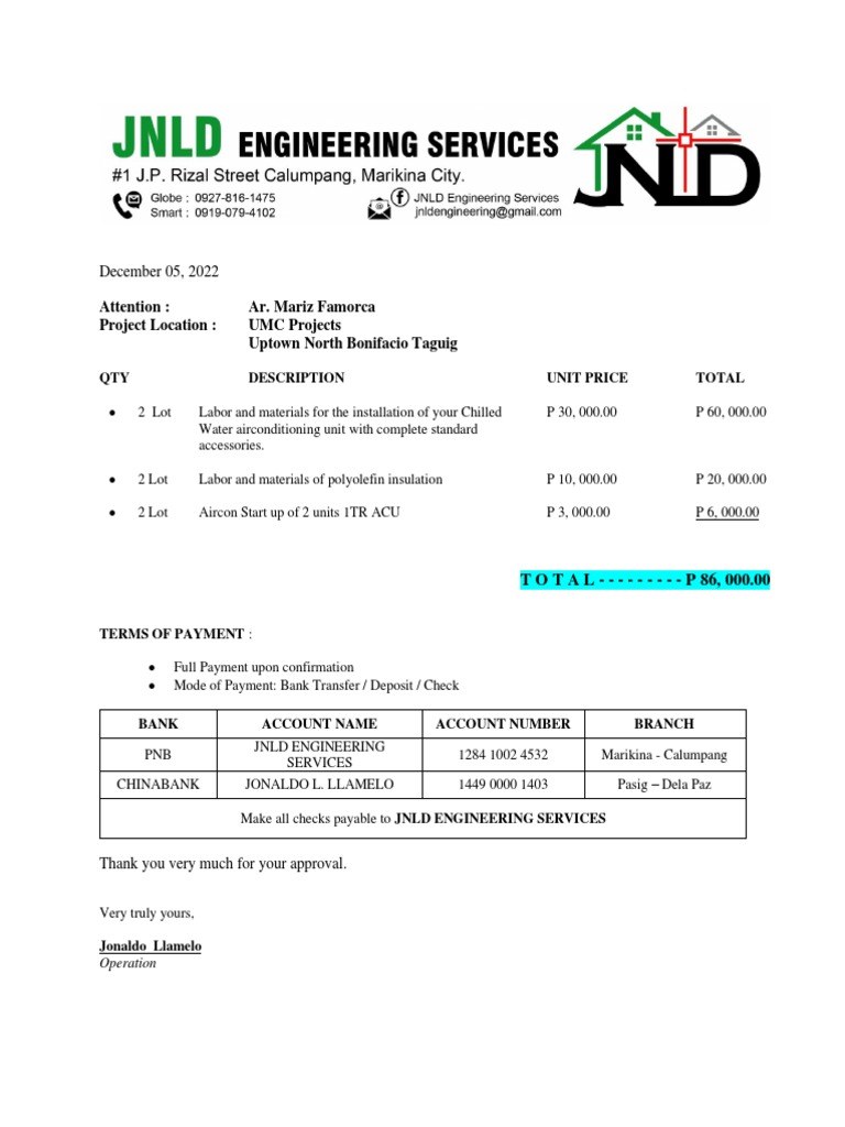 Invoice for UMC Aircon Installation | PDF | Science & Mathematics | Technology & Engineering