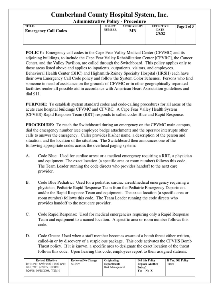 Emergency Call Codes Policy | PDF | Emergency | Hospital