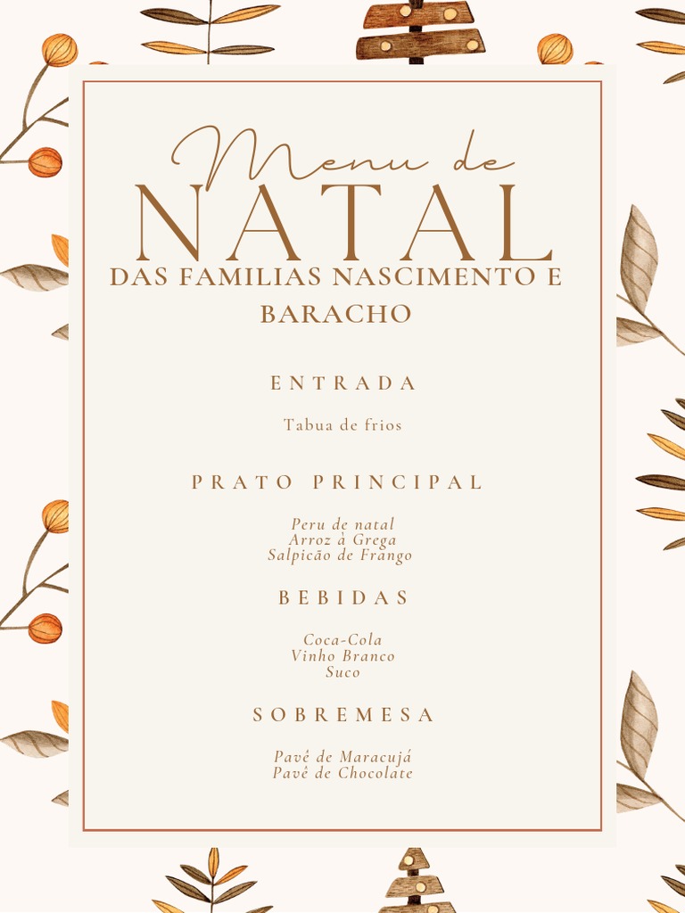 Menu Cardápio de Ceia de Natal Minimalista Elegante Aquarela | PDF ...