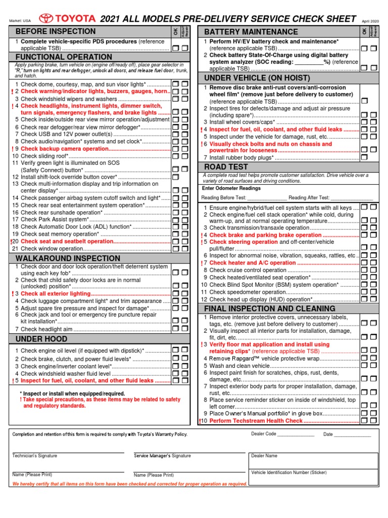 T-SB-0036-20 - 2021 PDI Checklist | PDF | Trunk (Car) | Vehicles