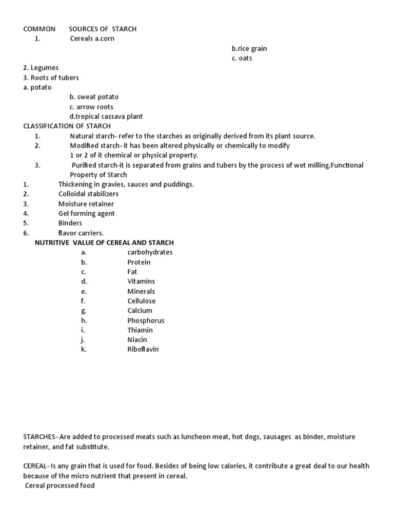 Common Sources of Starch | PDF | Starch | Cereals