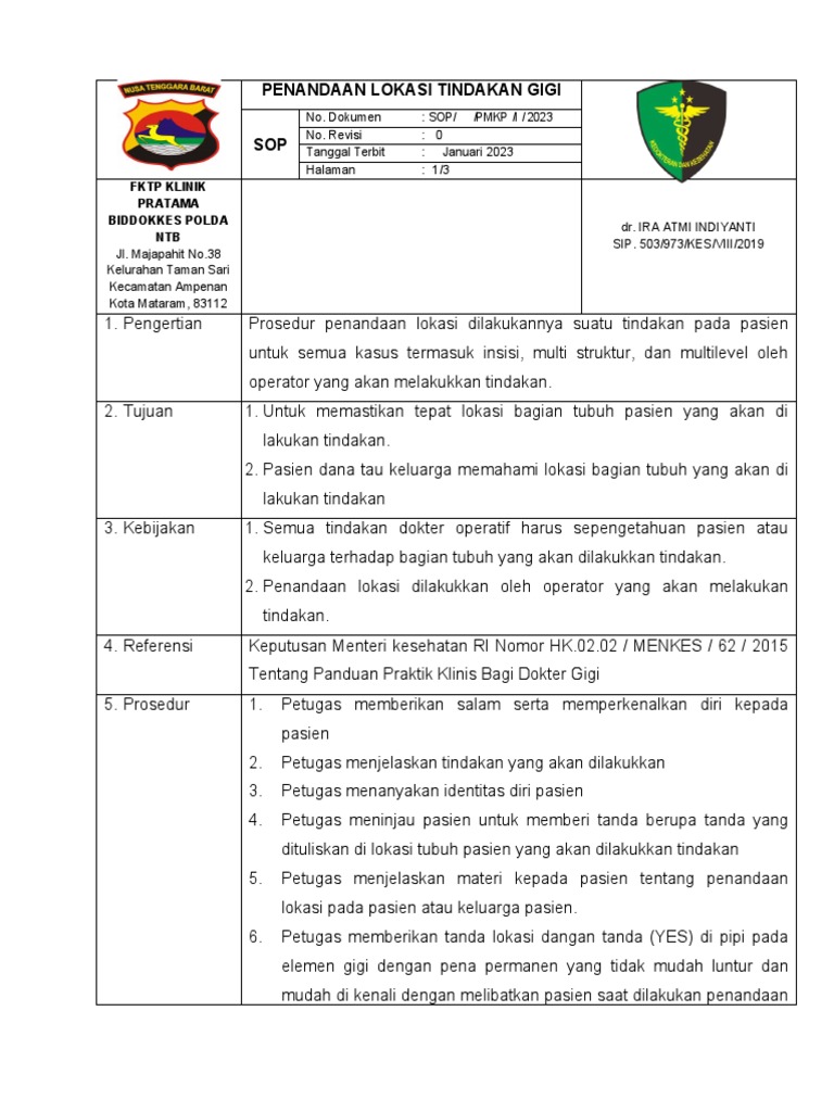 Sop Penandaan Lokasi Pra Pembedahan Operasi Gigi Di Kamar Operasi | PDF