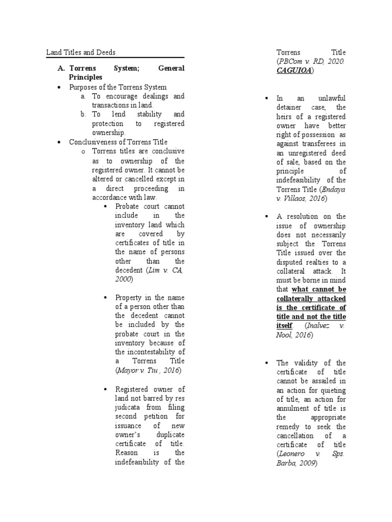 Land Titles and Deeds Torrens System Overview | PDF | Title (Property) | Deed