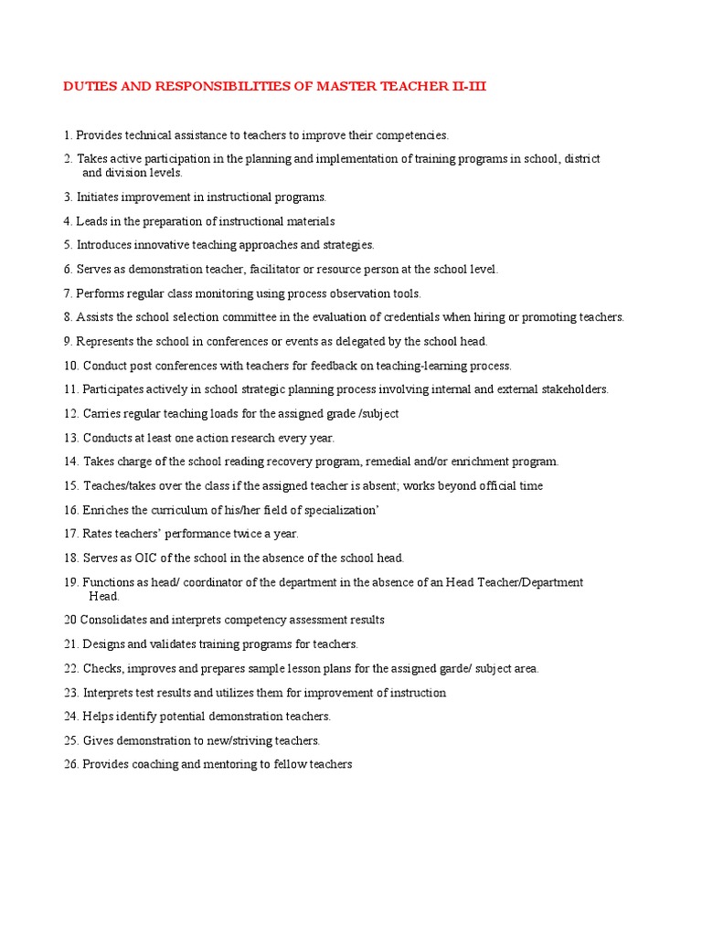 Master Teacher II-III Responsibilities | PDF | Teachers | Mentorship