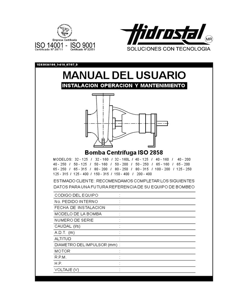 Manual-Iso Eje Libre Bomba Hidrostal | PDF | Bomba | Rodamiento (Mecánico)