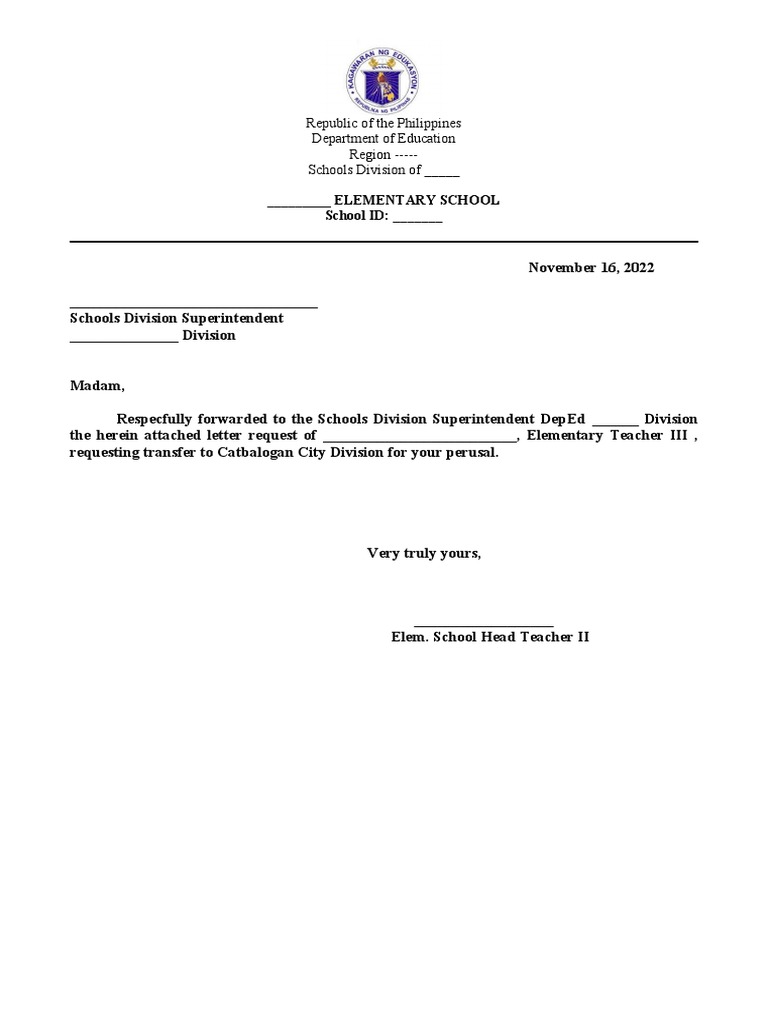 Request for Transfer to Catbalogan City Division: Letter from ...