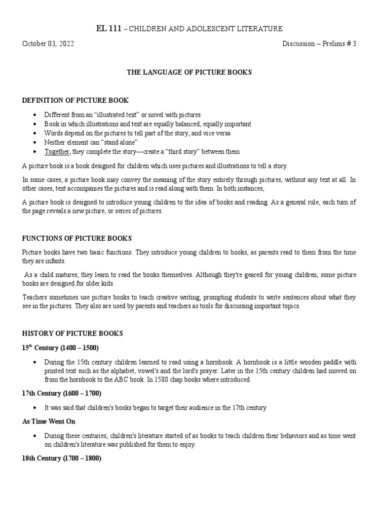 3 EL 111 - Elements of A Picture Book | PDF | Children's Literature ...