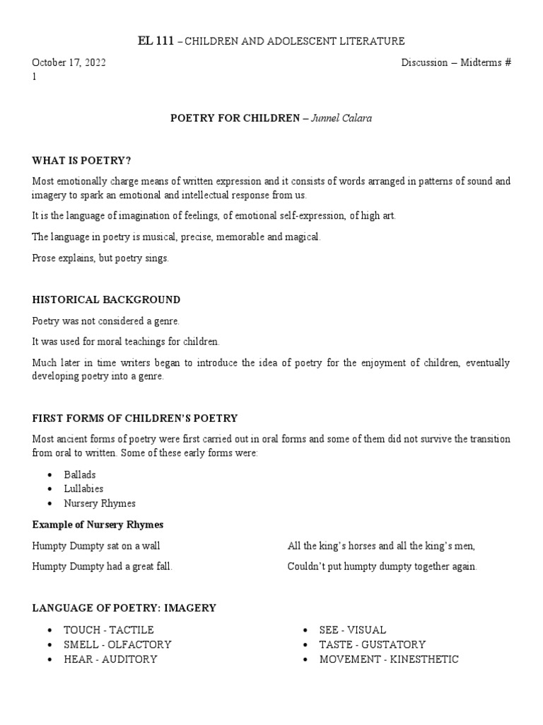 4 EL 111 - Poetry For Children | PDF | Poetry | Rhyme