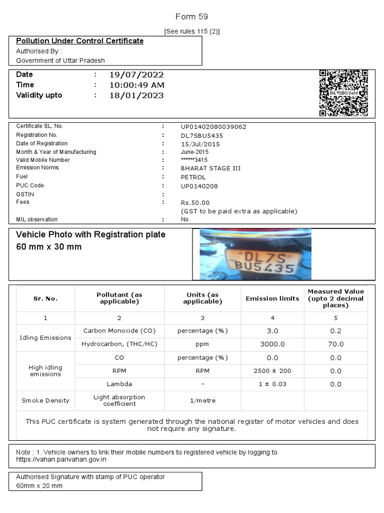 Form 59 Pollution Under Control Certificate | PDF | Exhaust Gas ...