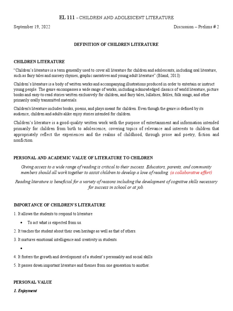 2 EL 111 - Definition of Children Literature | PDF | Children's ...
