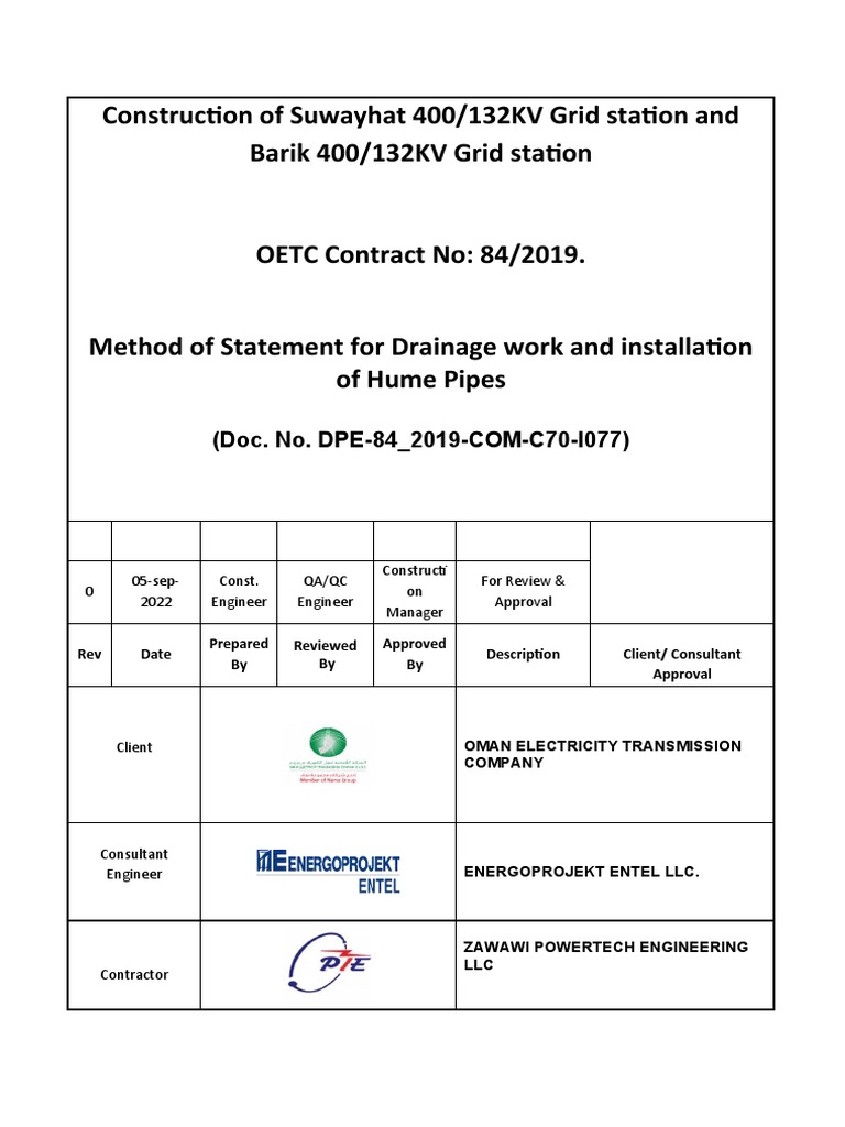 Method of Statement For Drainage Work & Installation of Hume Pipes | PDF | Pipe (Fluid ...