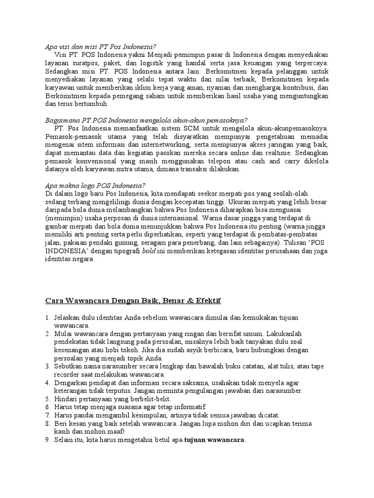 Apa Visi Dan Misi PT Pos Indonesia | PDF | Karier & Perkembangan | Ilmu ...
