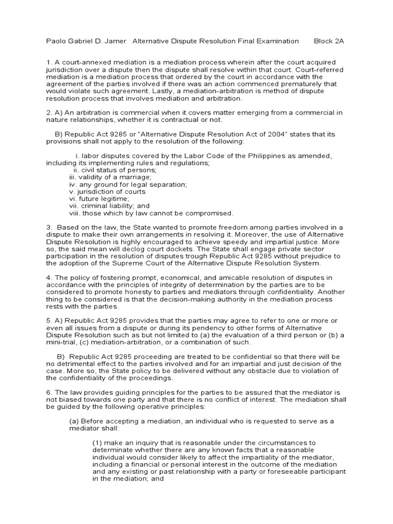 ADR Final Exam_Jamer, Paolo Gabriel D. _2A | PDF | Mediation | Alternative Dispute Resolution