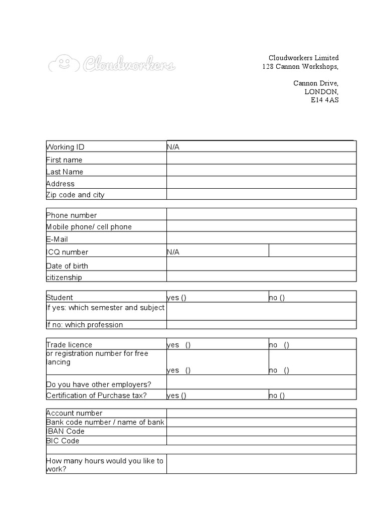 Cloudworkers Employee Information Form | PDF