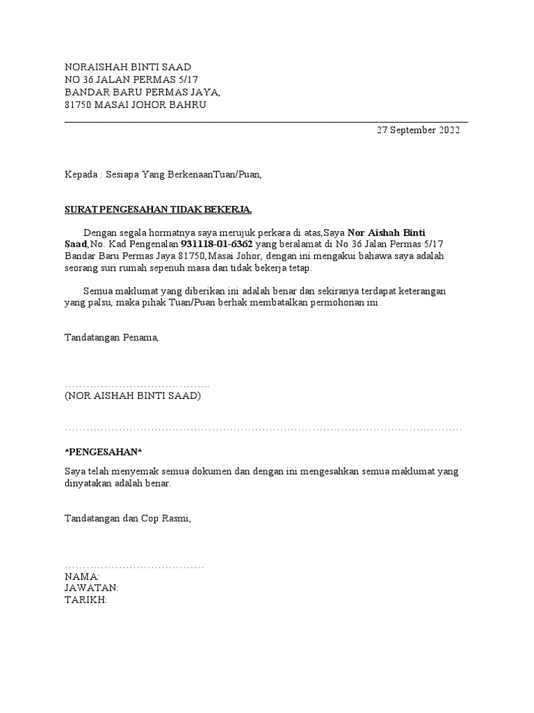 Surat Pengesahan X Bekerja | PDF