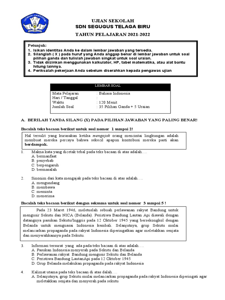 Soal UAS B.Ind TP 2021 - 2022 | PDF | Seni & Disiplin Bahasa | Kajian ... Soal UAS B.Ind TP 2021 - 2022 | PDF | Seni & Disiplin Bahasa | Kajian ...