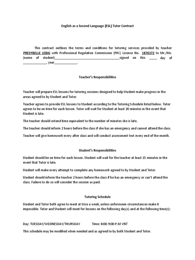 English As A Second Language Contract-Signedjan52023 | PDF | English As ...