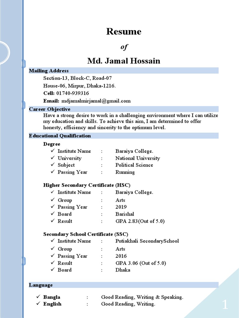 Resume of Md Jamal Hossain for Political Science graduate | PDF ...