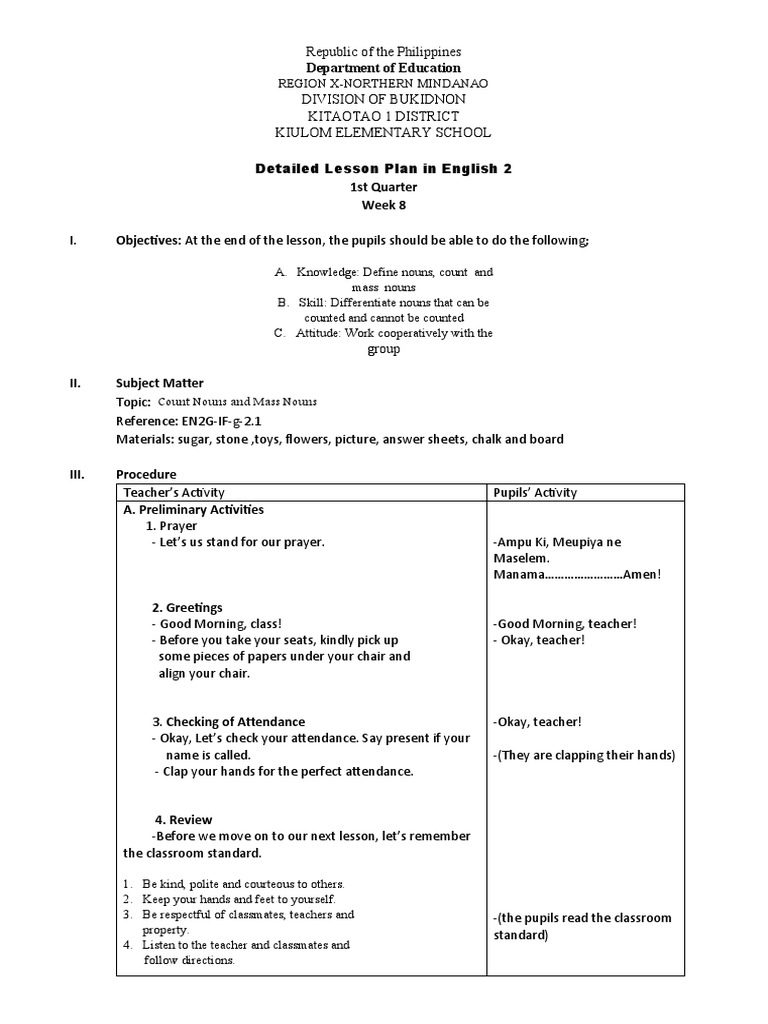 English 2 Count Noun Lesson Plan | PDF | Noun | Teachers English 2 Count Noun Lesson Plan | PDF | Noun | Teachers