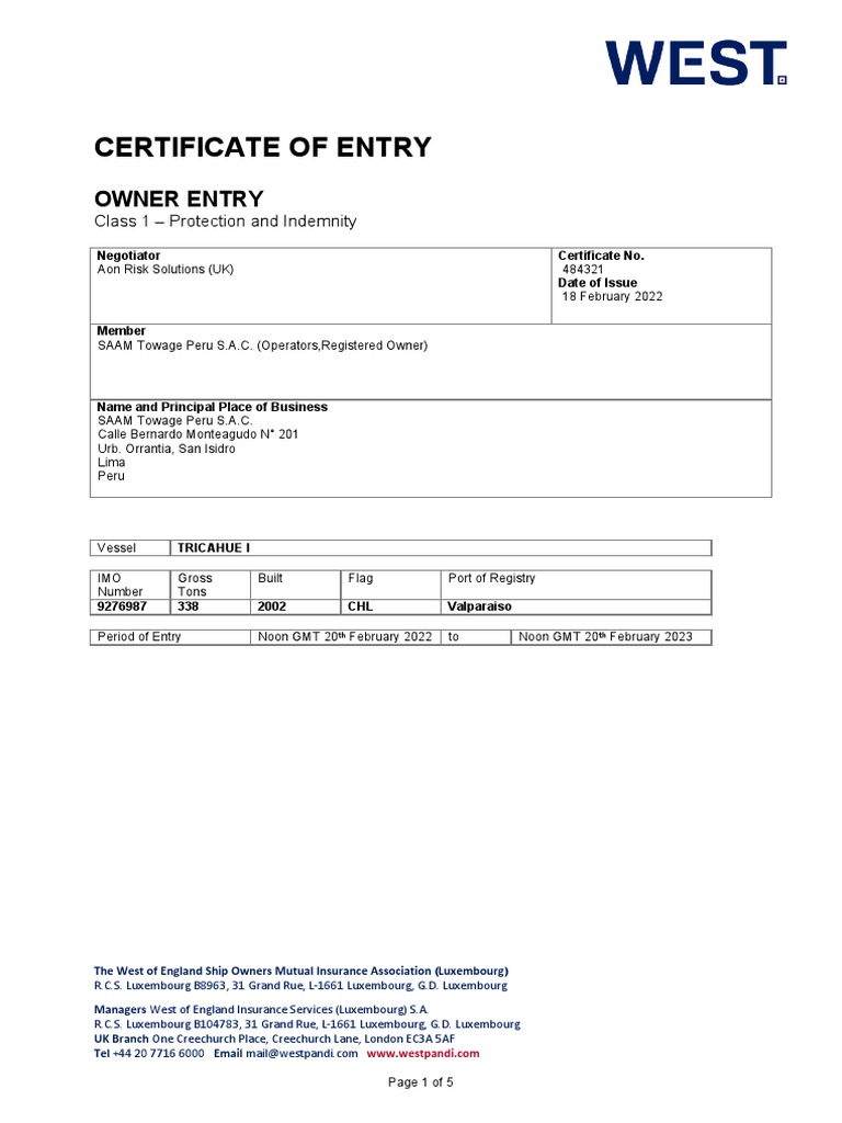 P&I Certificate of Entry for TRICAHUE I | PDF | Indemnity | Deductible