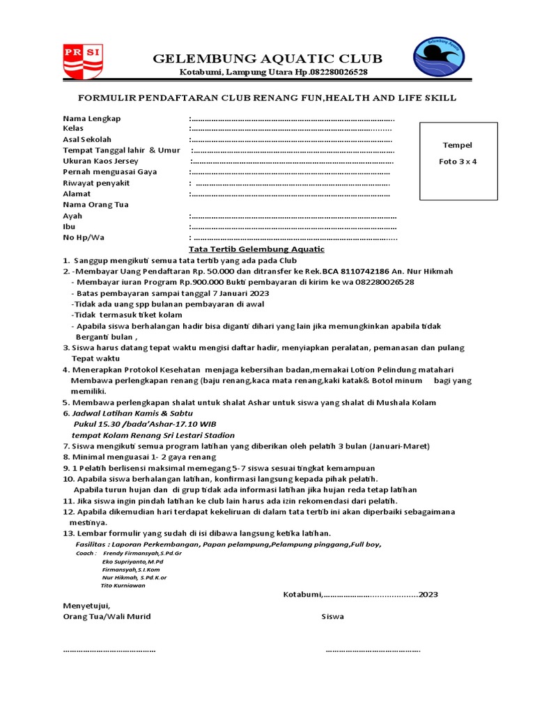 Formulir Renang Fun, Healt, and Life Skill | PDF | Olahraga & Rekreasi