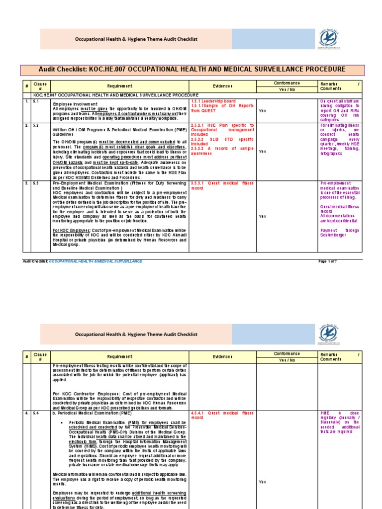 Checklist - Occupational Health and Medical Surveillance Audit | PDF ...