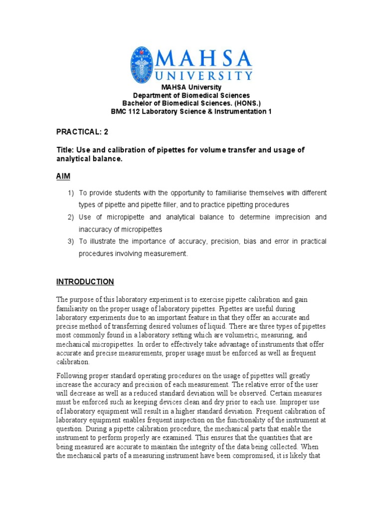 Prac 2 Pipetting (Combined With Inaccuracy Determination) MAME | PDF | Accuracy And Precision ...