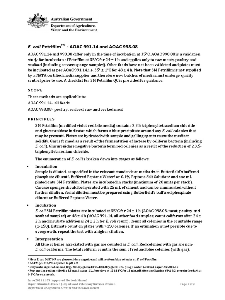 E. coli Testing Methods: AOAC 991.14 & 998.08 | PDF | Colony Forming ...