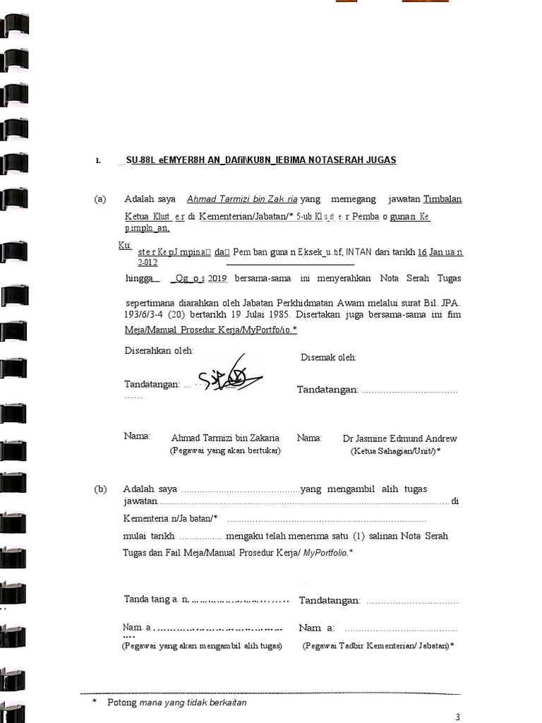 Nota Serah Tugas JPA 2012-2019 | PDF