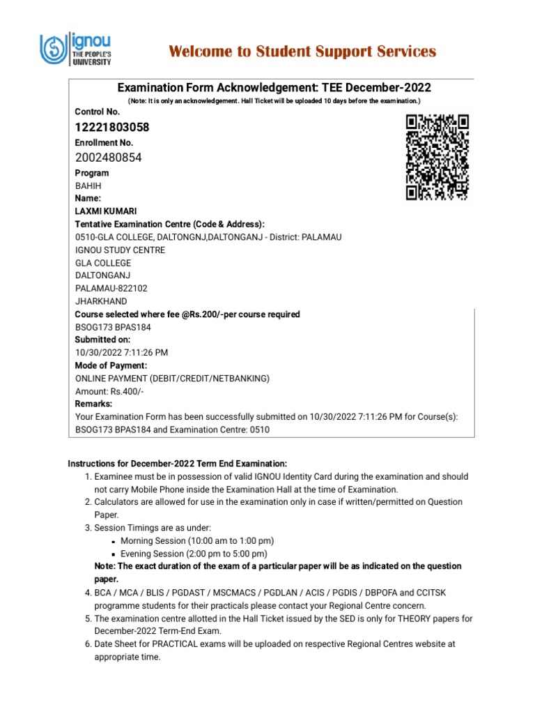 IGNOU - Examination Form Acknowledgement | PDF