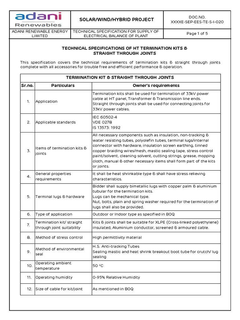 HT Termination Kits & Joints Specs | PDF | Specification (Technical ...