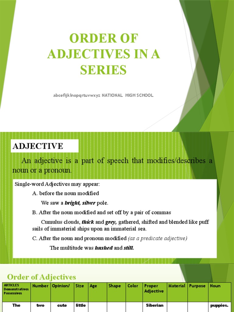 English Lesson: Order of Adjectives in A Series | Download Free PDF ...