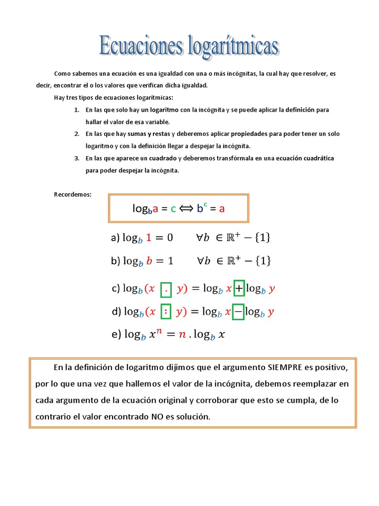 Ecuaciones Logarítmicas Cuadráticas | PDF | Ecuaciones | Logaritmo
