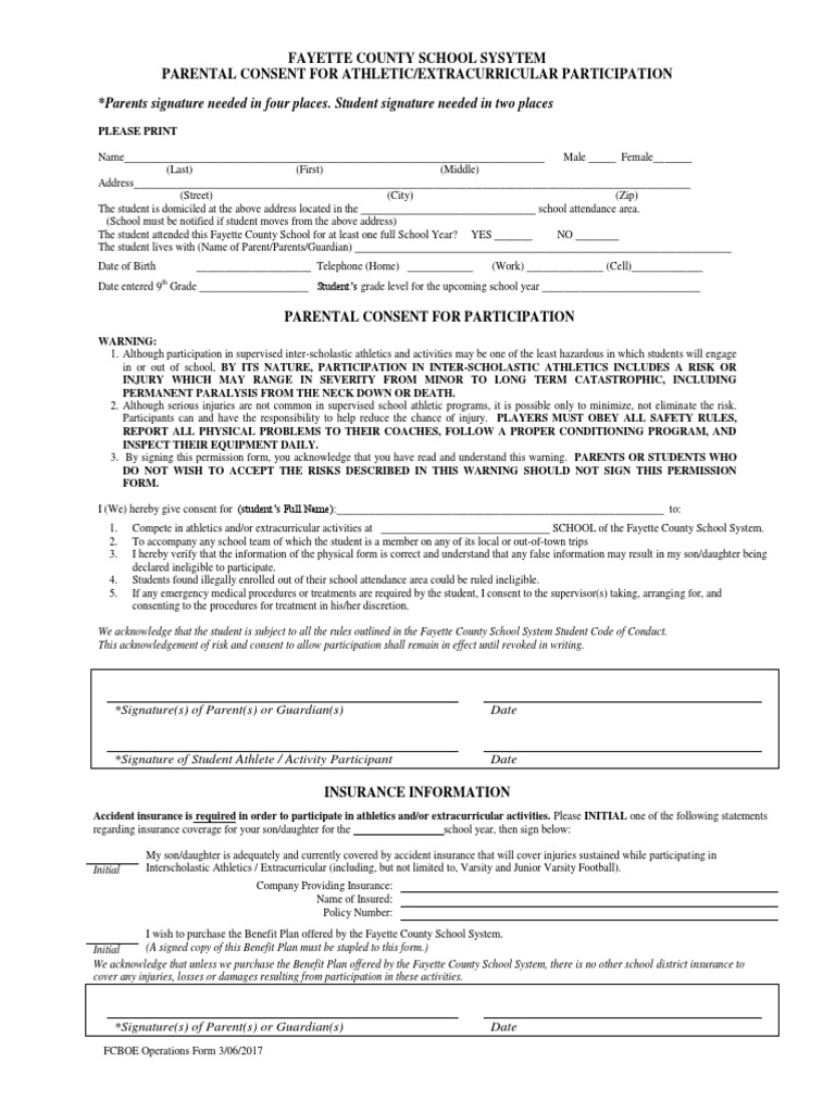 Parental Consent Form Athletics and Extracurricular Participation Rev0317 | PDF | Informed ...