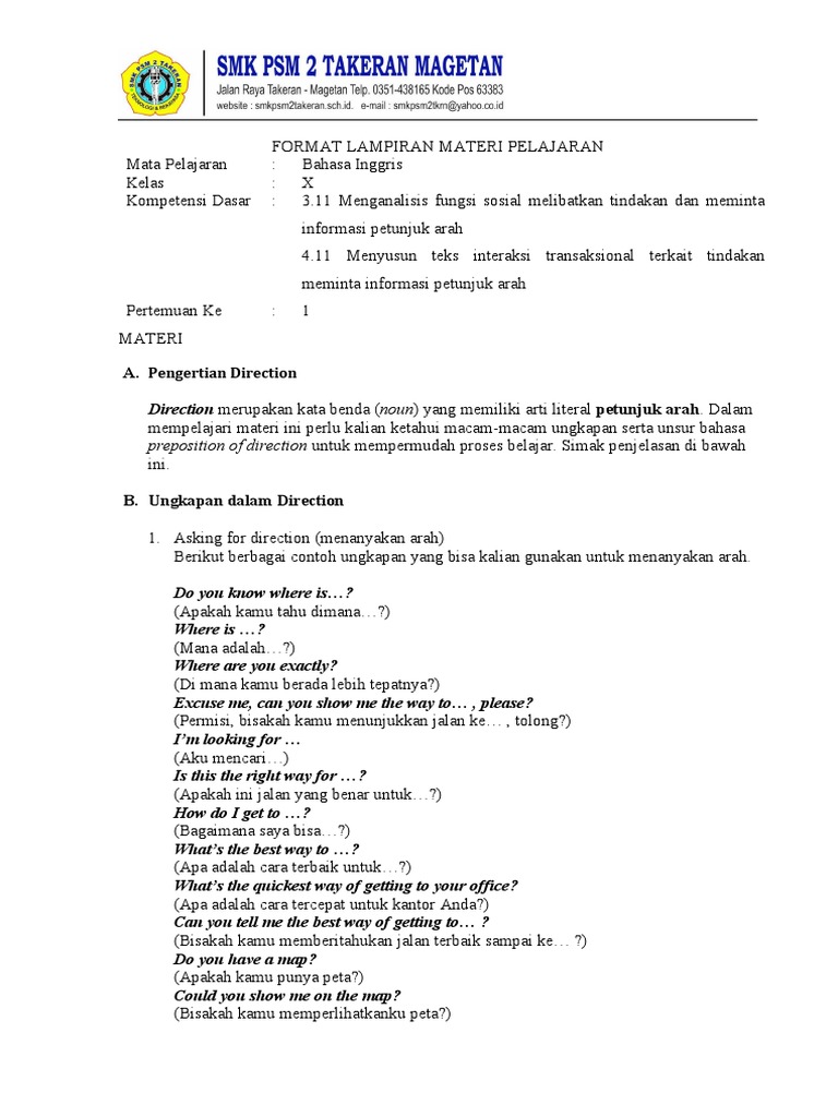 P1 - P2 - Lampiran Materi - Kelas X - Genap 20-21 - KD 3.11 - 4.11 - Direction | PDF