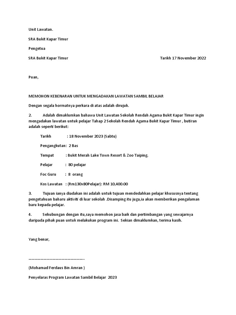 Kertas Kerja Lawatan Srabkt Bukit Merah Dan Zoo Taiping 2023 | PDF