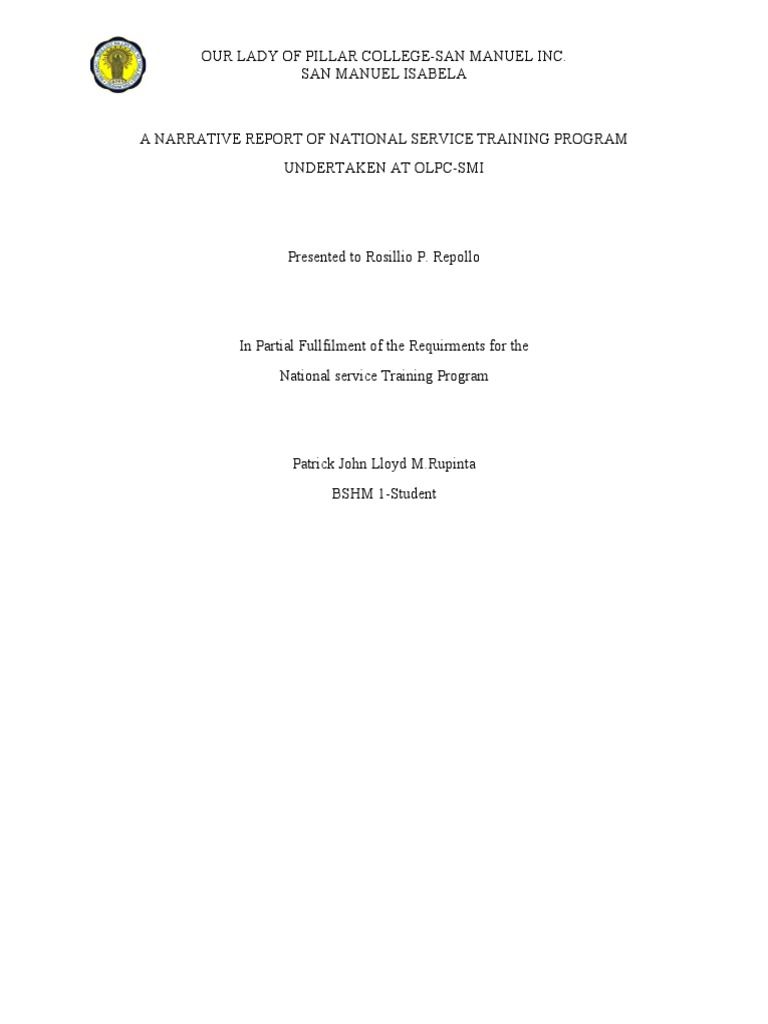 A NARRATIVE REPORT OF NATIONAL SERVICE TRAINING PROGRAM Patrick | PDF