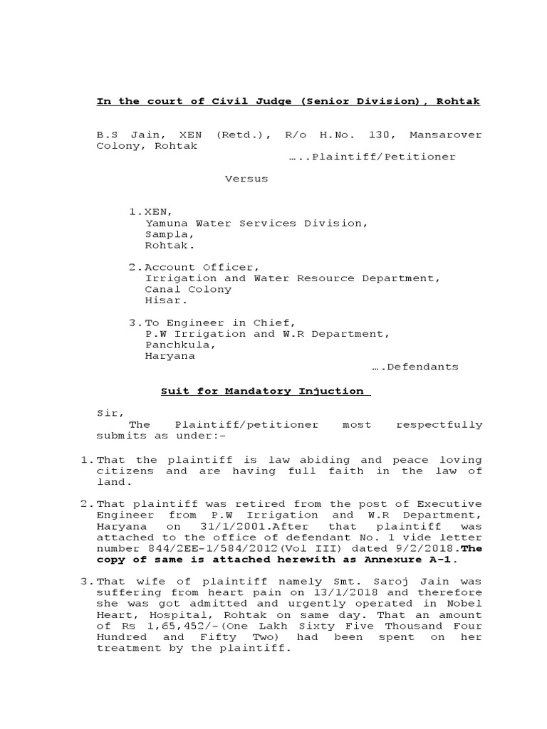 Bhimsen Jain Suit For Mandatory Injunction | PDF | Lawsuit | Affidavit