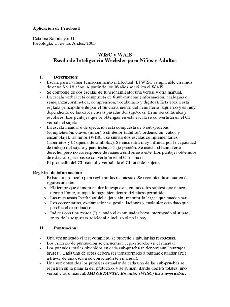 Resumen Wais y Wisc | PDF | Escala de inteligencia para adultos de Wechsler | Memoria