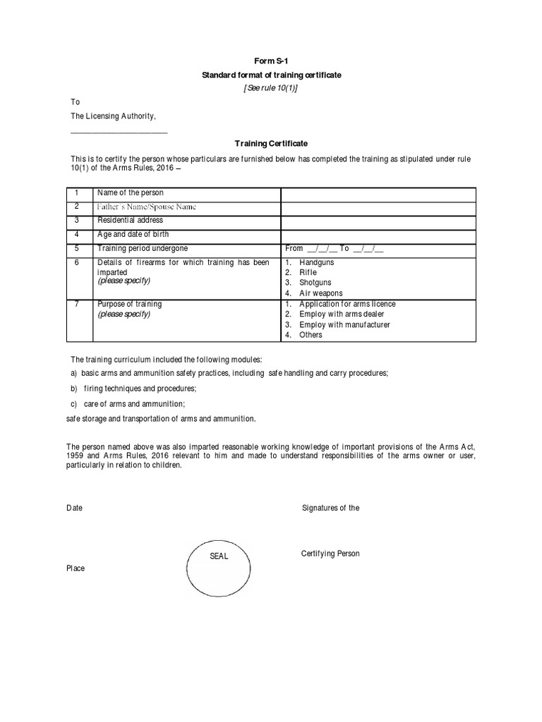 (See Rule 10 (1) ) : Form S-1 Standard Format of Training Certificate | PDF