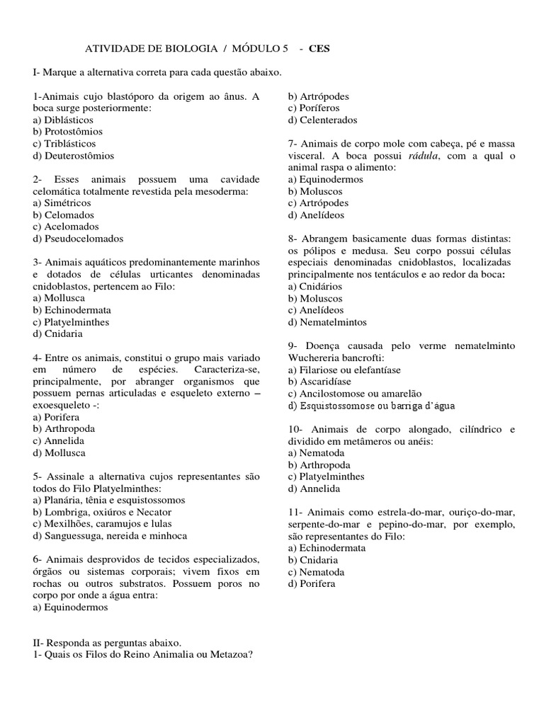 Exercício Extra Módulo 5 PDF | PDF | Moluscos | Organismos
