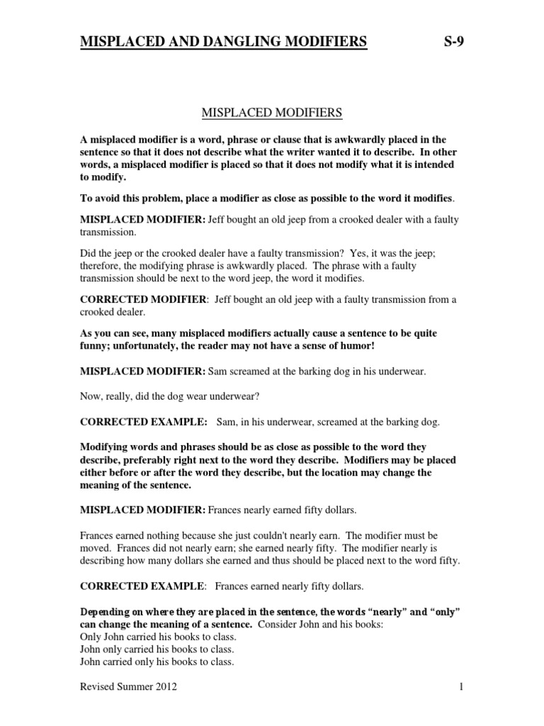 Correcting Misplaced and Dangling Modifiers | PDF | Sentence ...